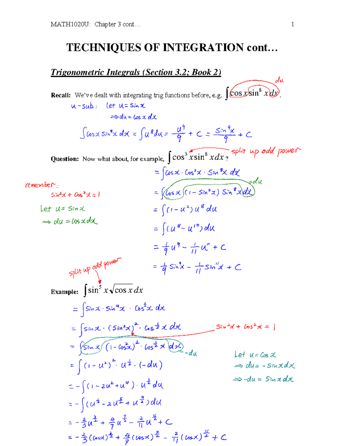 Lec2-Trigint - notes - TECHNIQUES OF INTEGRATION cont... Trigonometric ...