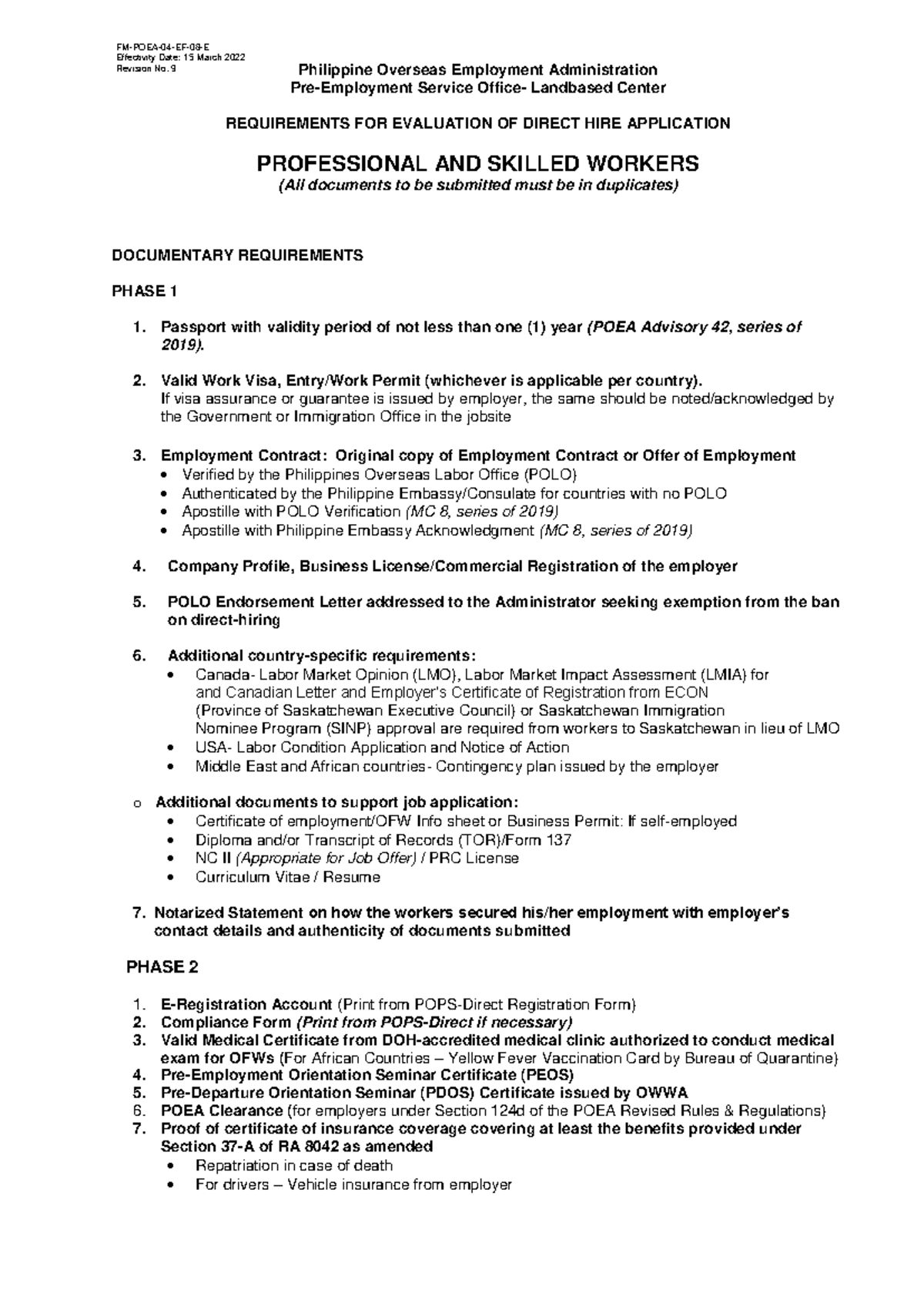 Professional Checklist - Philippine Overseas Employment Administration ...