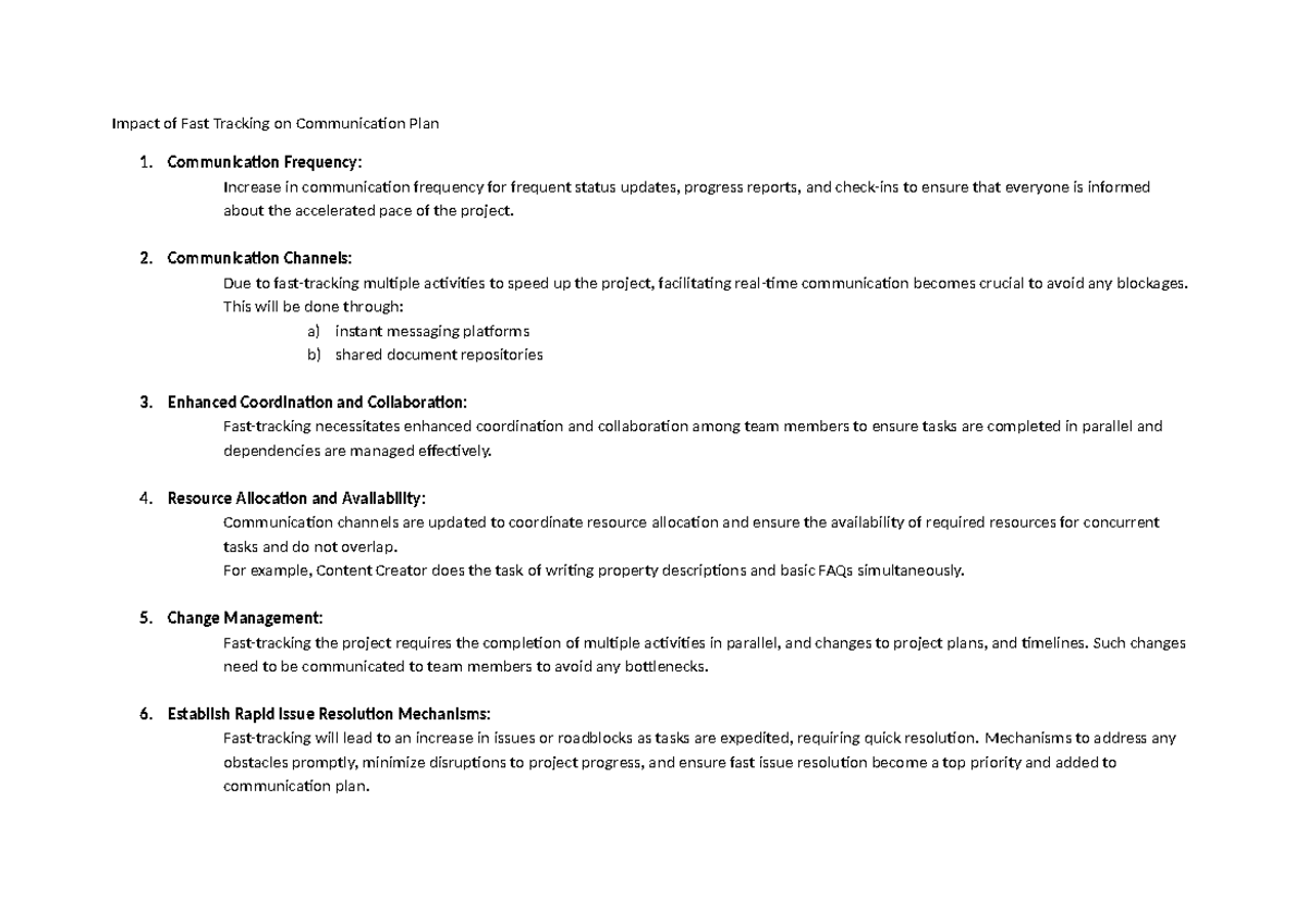 Impact of Fast Tracking on Communication Plan - Communication Frequency ...