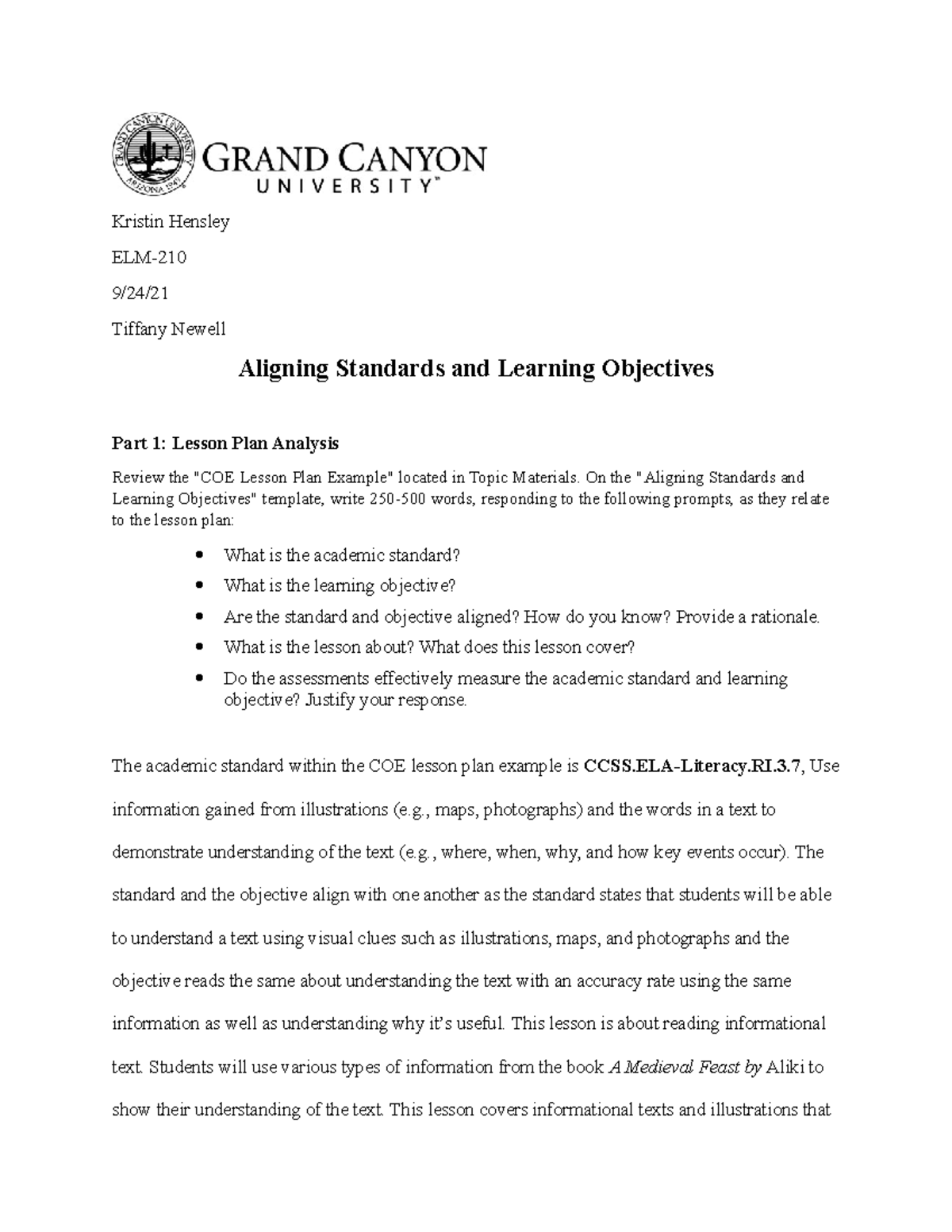 Aligning standards and objectives NEW T2 ELM210 - Kristin Hensley ELM ...