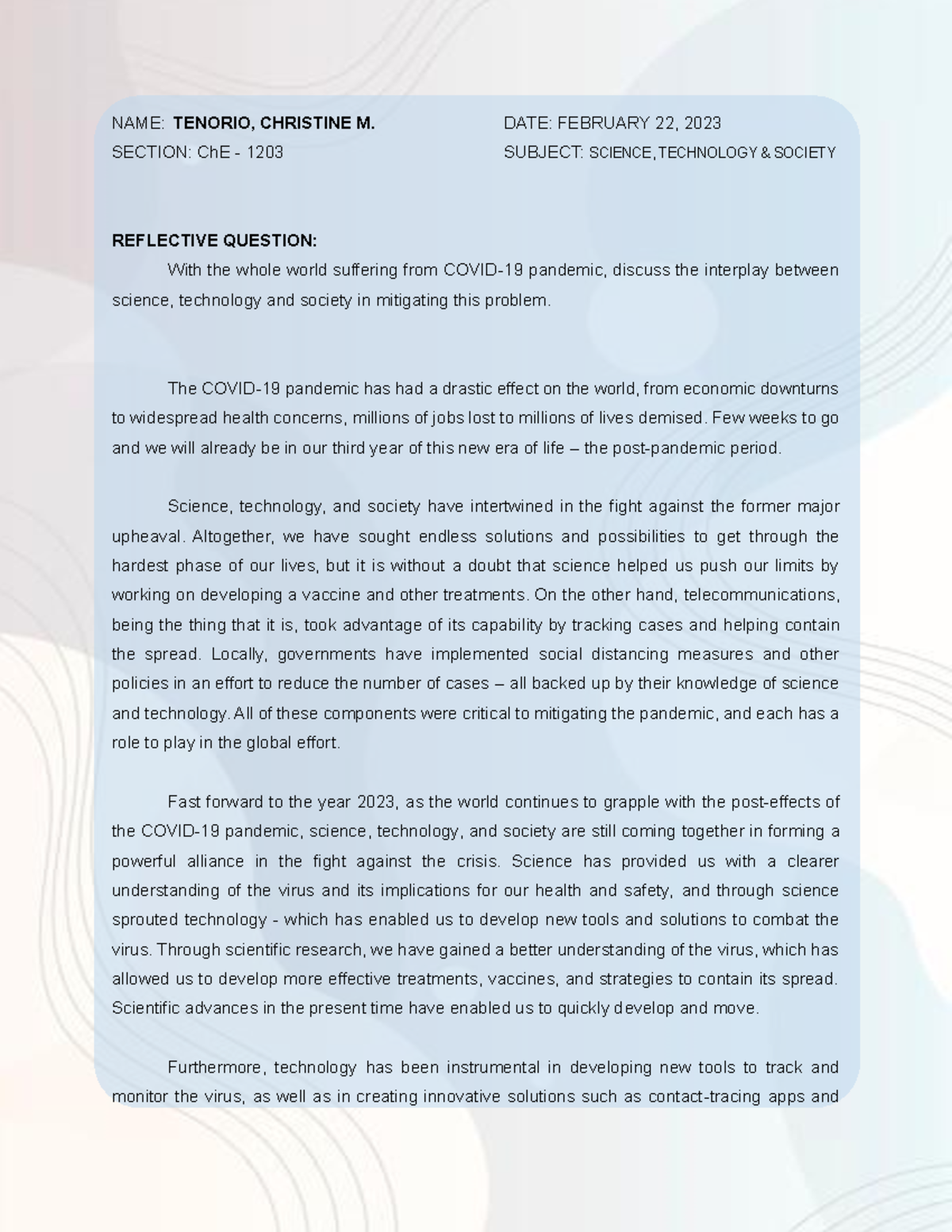 GEd109 Act1 Ch E1203 Tenorio 1 - NAME: TENORIO, CHRISTINE M. DATE ...