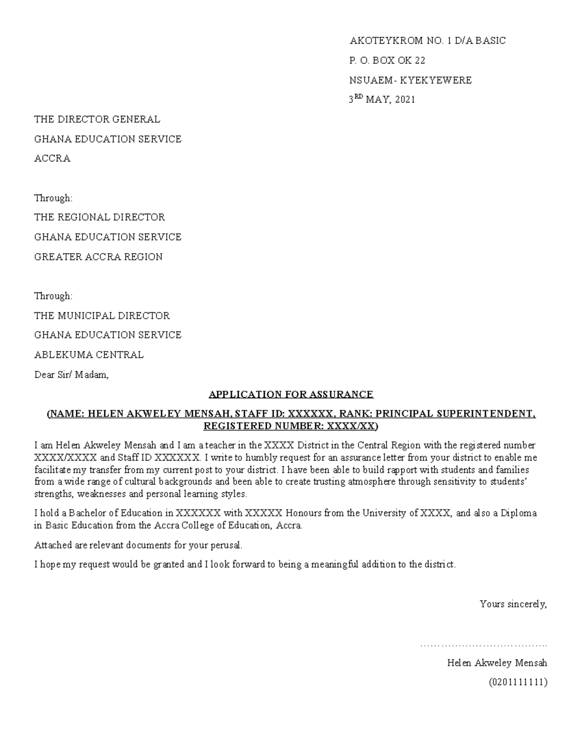 Assurance-letter-sample - AKOTEYKROM NO. 1 D/A BASIC P. O. BOX OK 22 ...