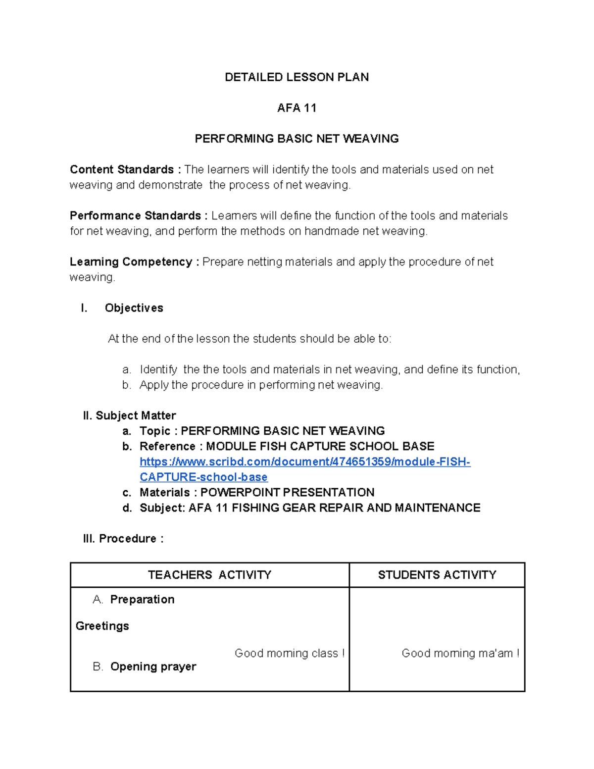 Radam- Detailed Lesson PLAN - DETAILED LESSON PLAN AFA 11 PERFORMING ...