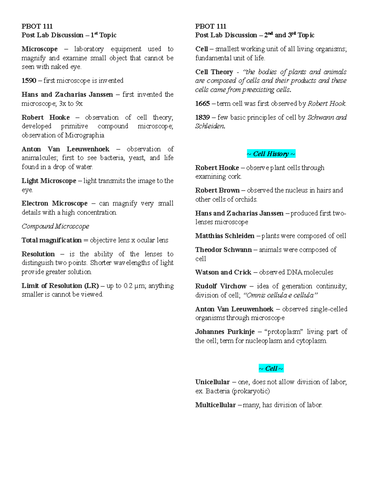 PBOT 111 - reviewer - PBOT 111 Post Lab Discussion – 1st Topic Microscope – laboratory equipment ...