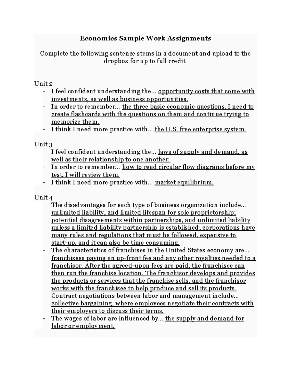 Copy of Sample Work Assignments - Economics Sample Work Assignments ...