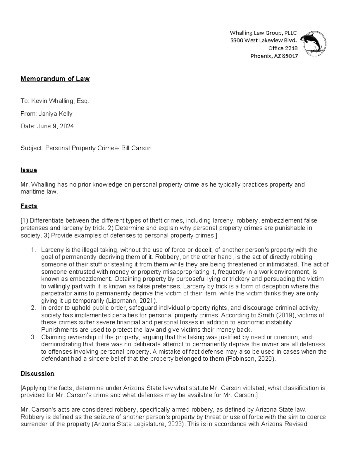 Memorandum of Law - personal property crime - Whalling Law Group, PLLC ...