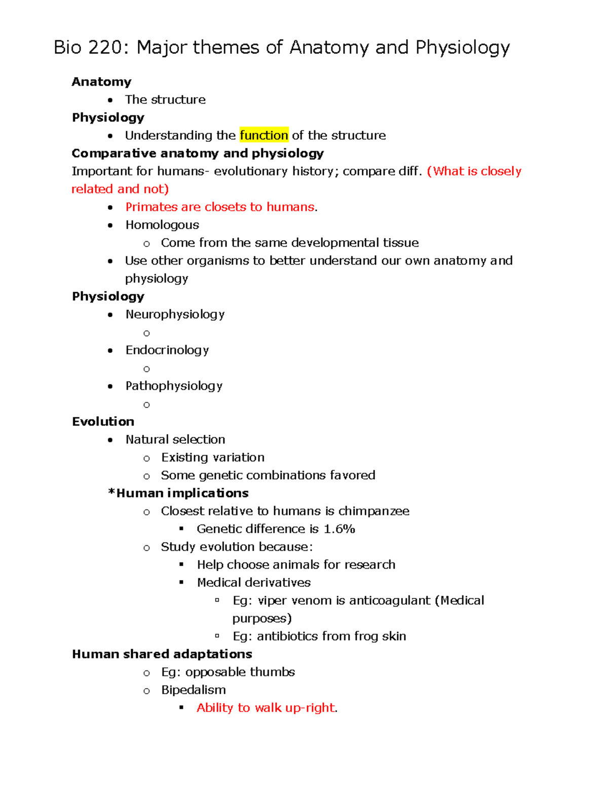 Bio 220 Misc. chapters - Bio 220: Major themes of Anatomy and ...