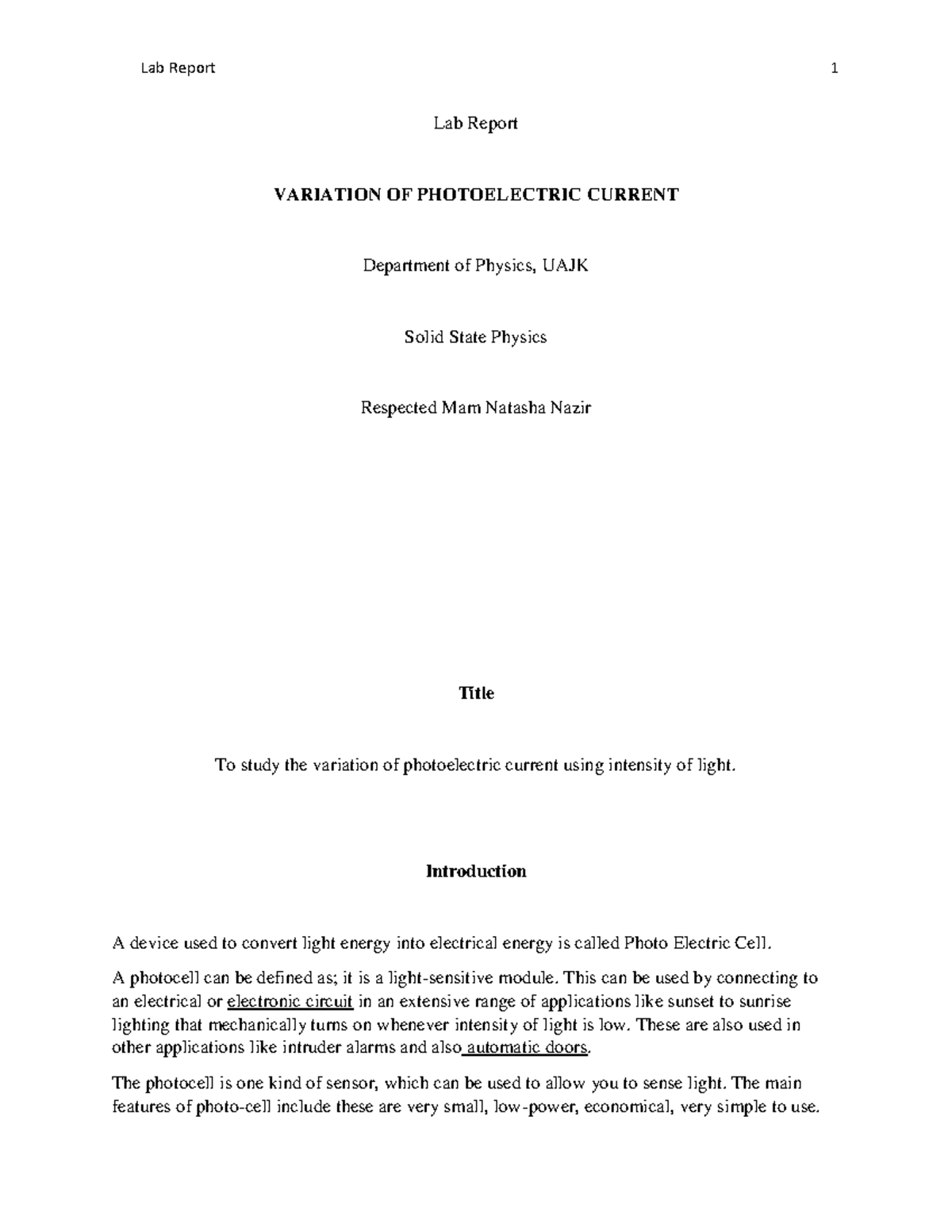Lab Report - Lab Report VARIATION OF PHOTOELECTRIC CURRENT Department ...