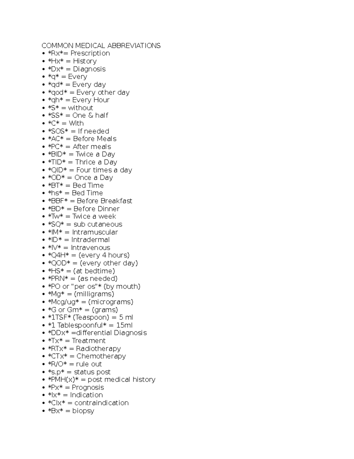 Summary Of Medical Terms COMMON MEDICAL ABBREVIATIONS Rx