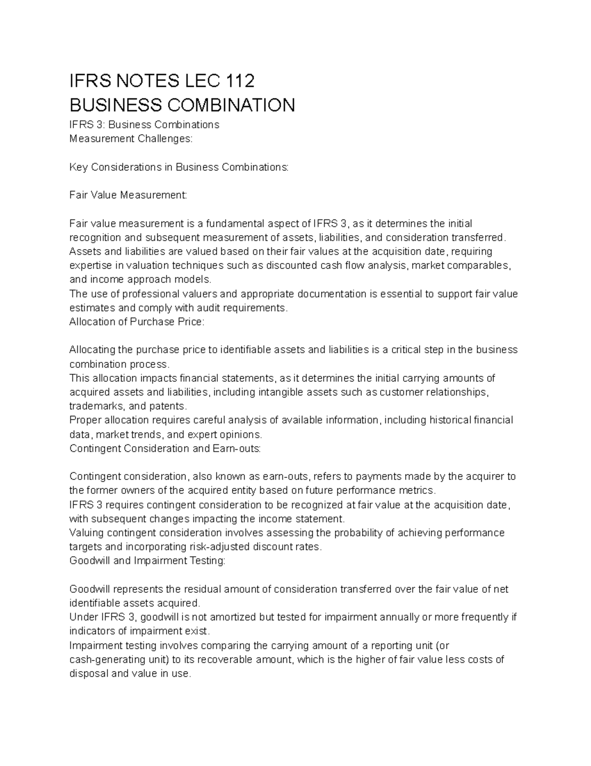 Ifrsnotes 312 - ACA - IFRS NOTES LEC 112 BUSINESS COMBINATION IFRS 3 ...