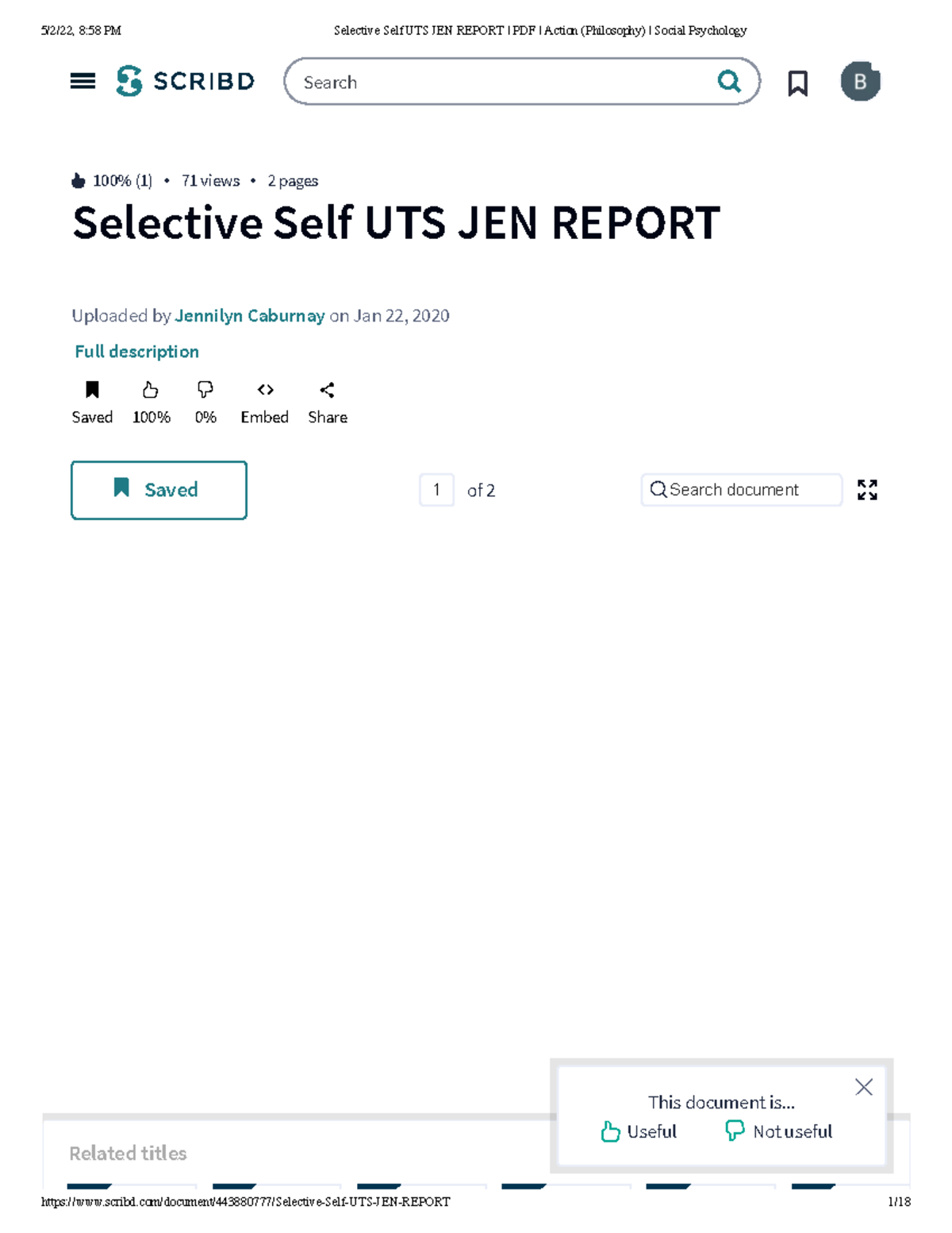 Selective Self UTS JEN Report PDF Action (Philosophy) Social Psychology - 5/2/22, 8:58 PM ...