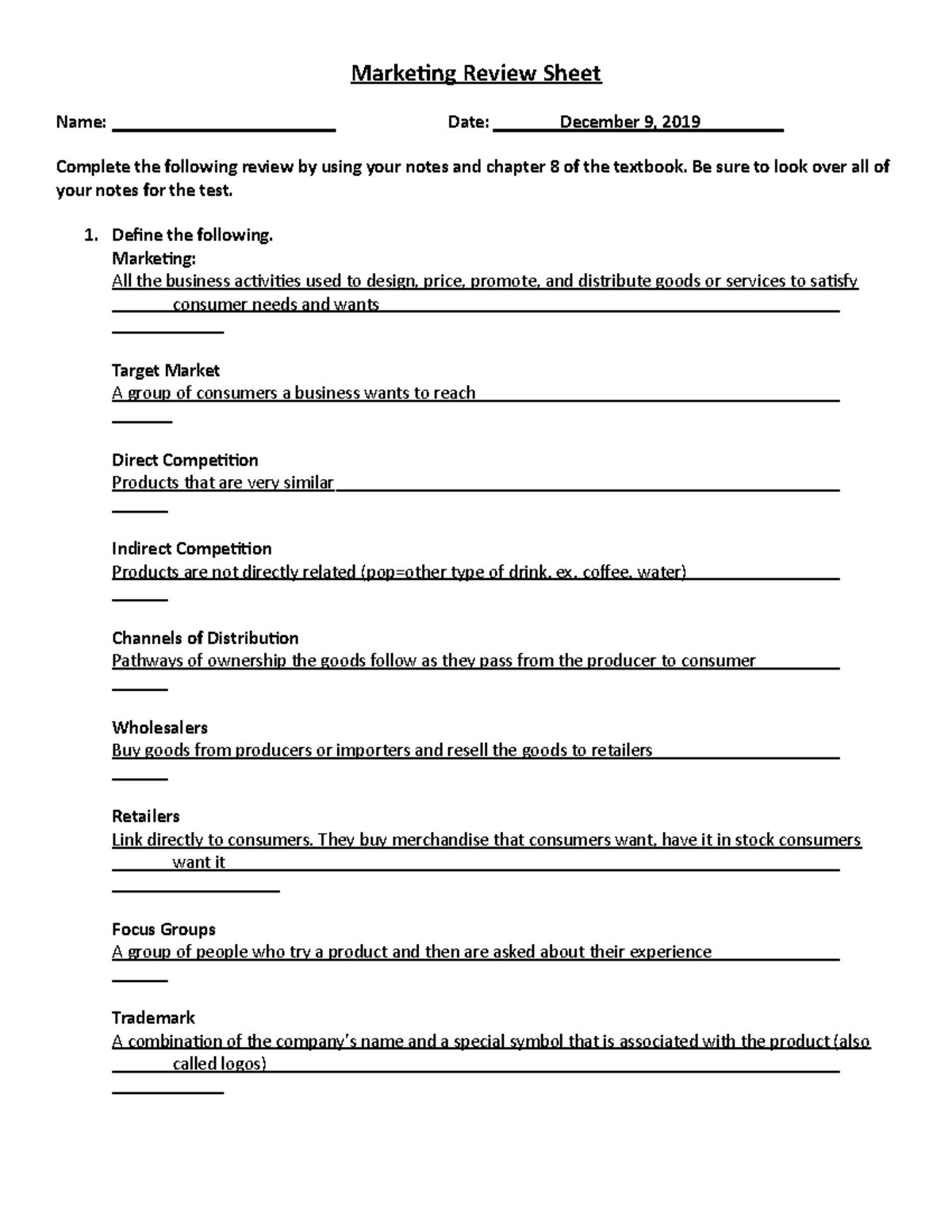F1. Marketing Test Review Sheet - Marketing Review Sheet Name: Date ...