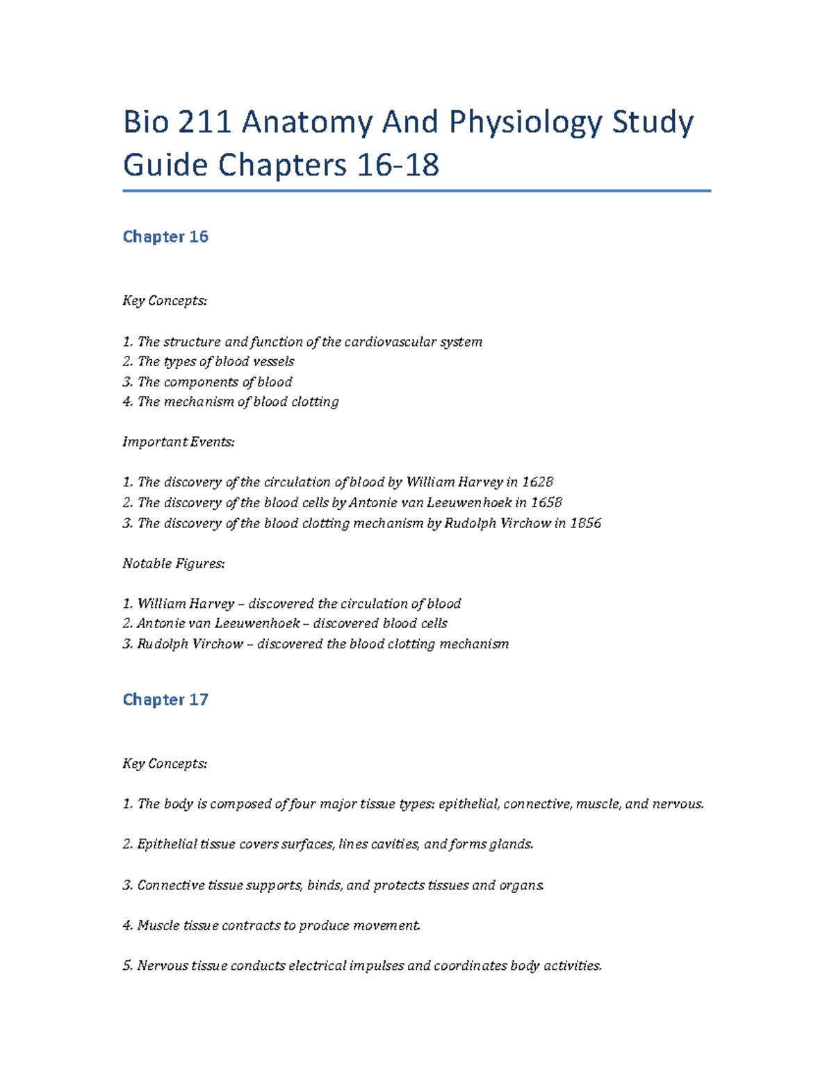 Bio 211 Anatomy And Physiology Study Guide Chapters 16-18 - Bio 211 ...