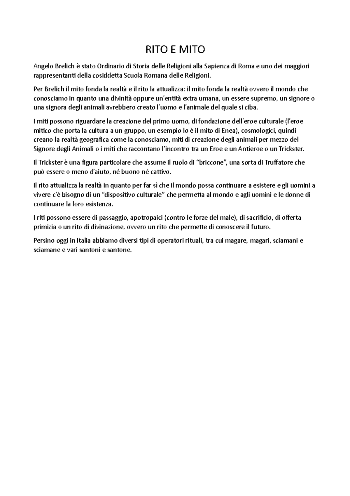 Rito e Mito - Riassunto Discipline Demoetnoantropologiche Lezione 13 ...