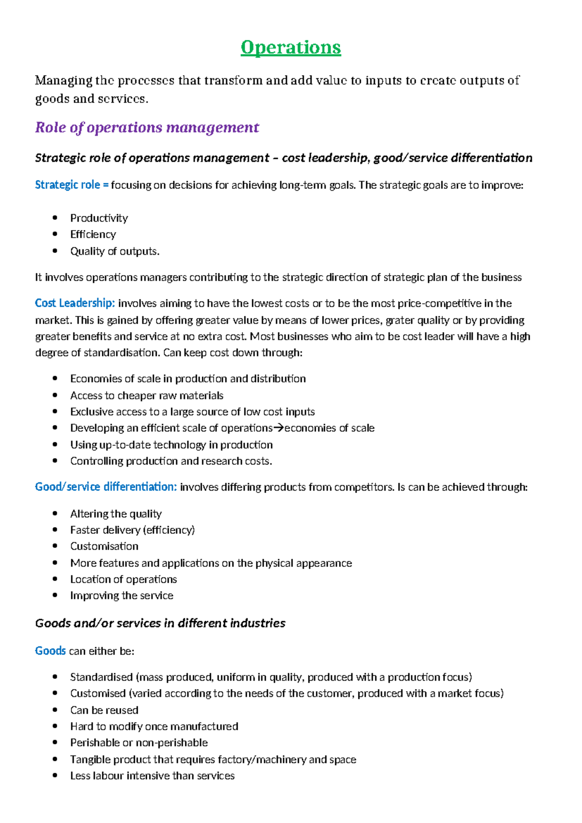 Business Study Notes - every good - Operations Managing the processes ...