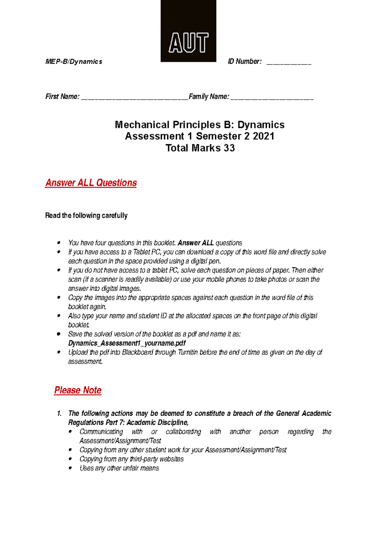 Dynamics Assessment 1 2021 - _MEP-B/Dynamics ID Number ...