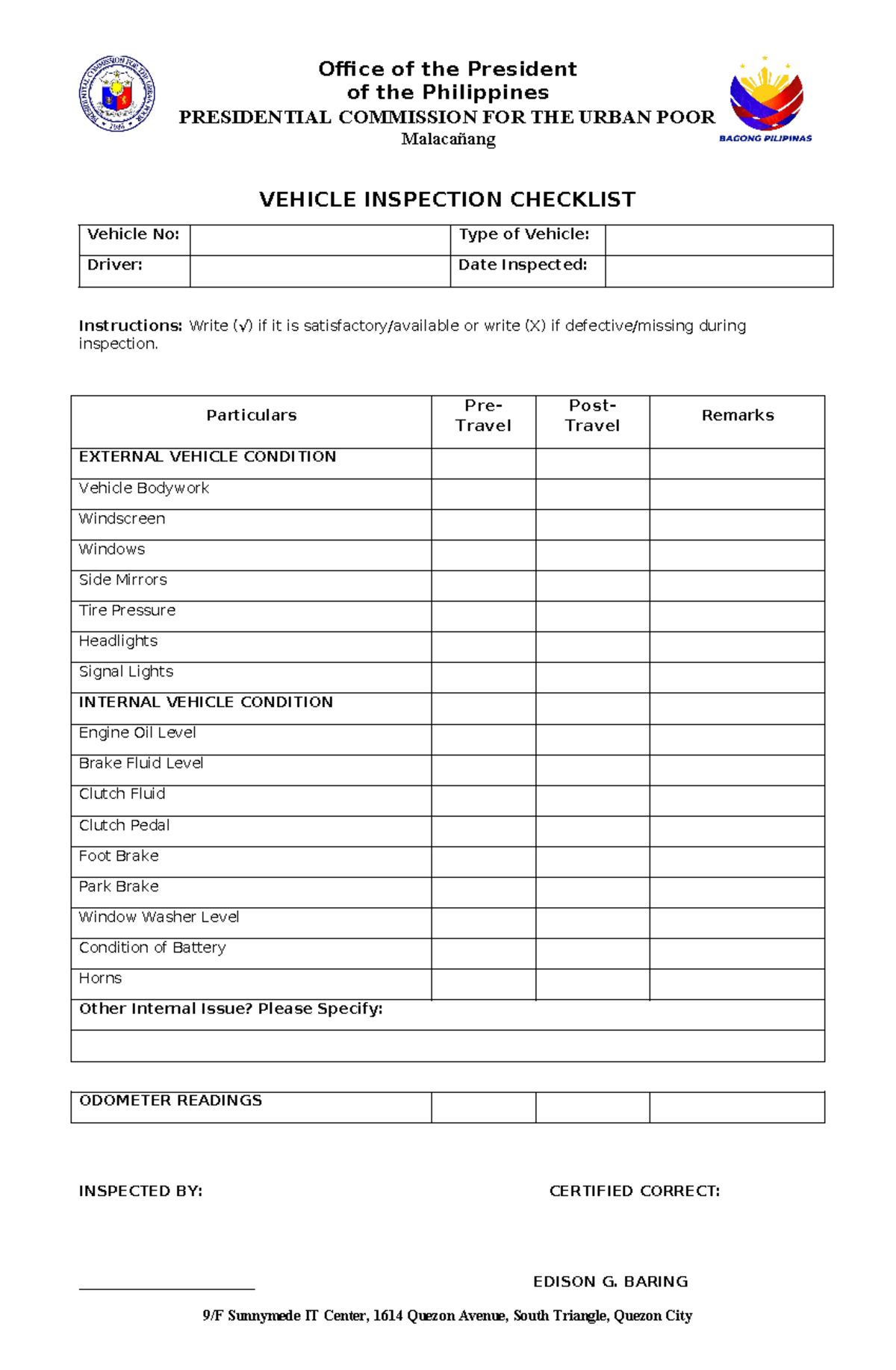 Vehicle Inspection List - Office of the President of the Philippines ...