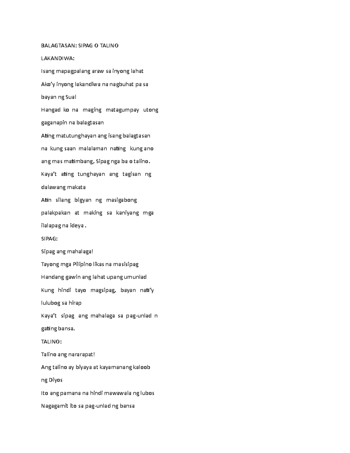 Balagtasan - zhjbcaz - BALAGTASAN: SIPAG O TALINO LAKANDIWA: Isang ...
