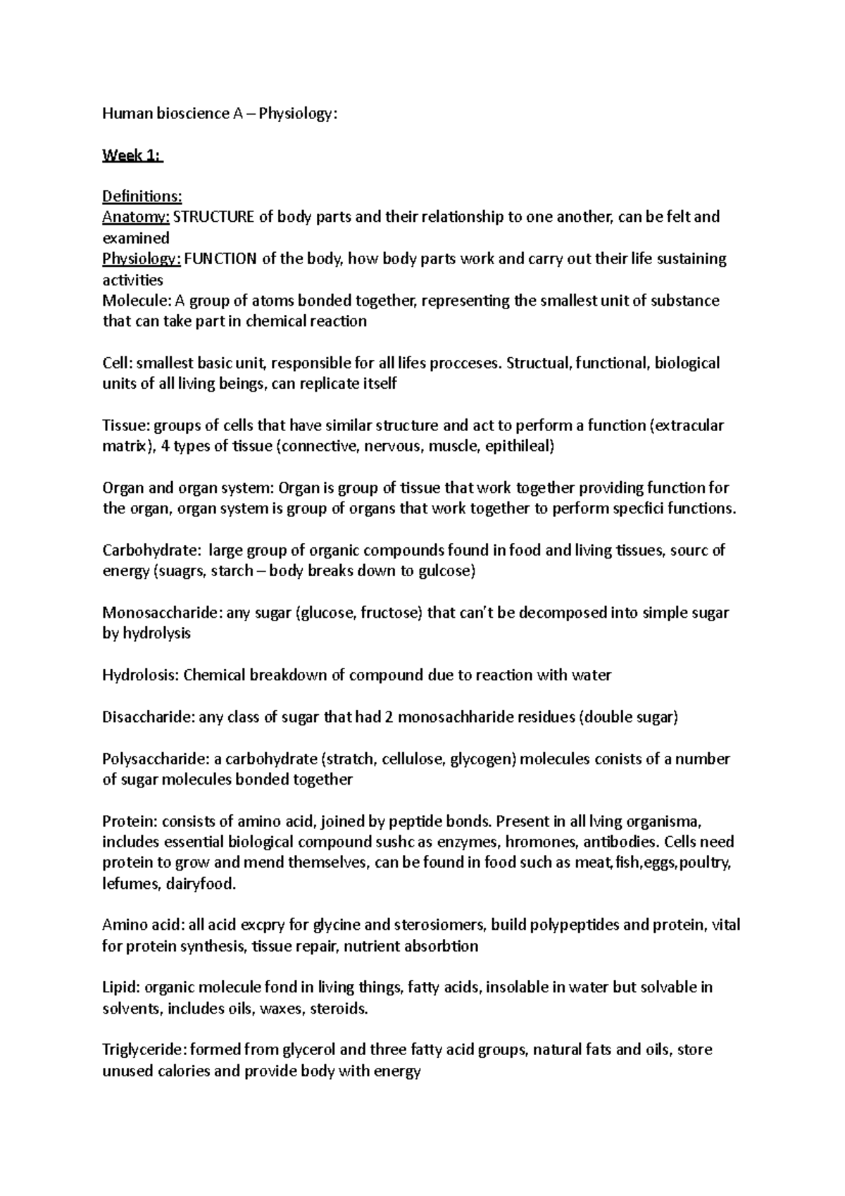 Physiology notes 2020 - Human bioscience A – Physiology: Week 1 ...