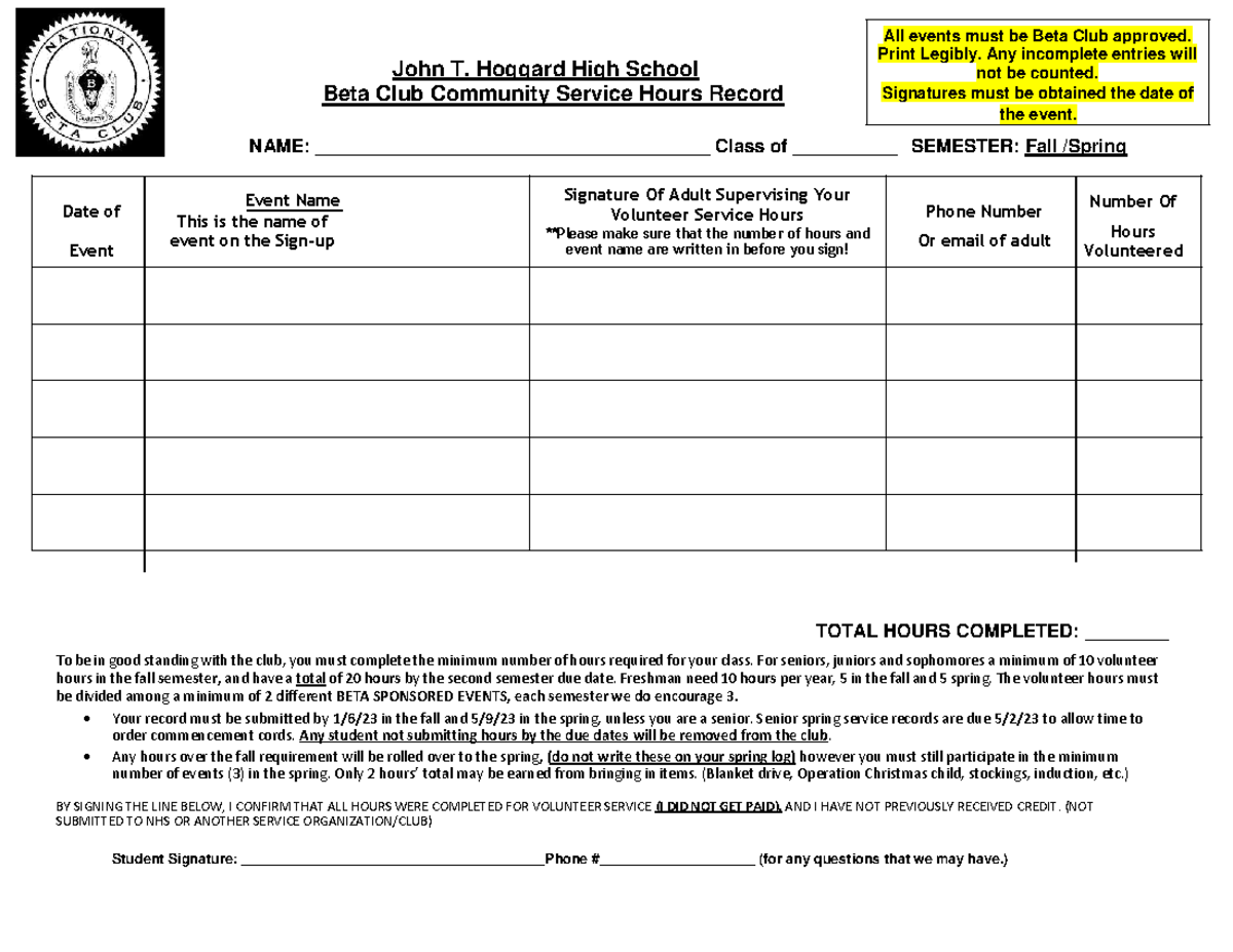 2022-2023 beta log - Beta Club Log - John T. Hoggard High School Beta ...