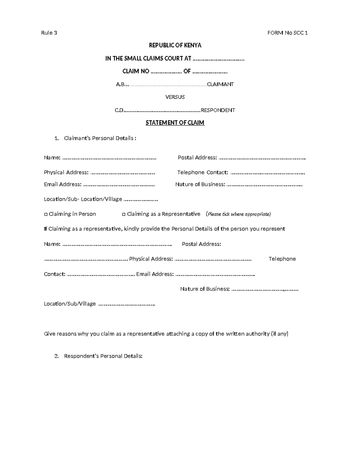 05 Small Claims Court Forms - Rule 3 FORM No SCC 1 REPUBLIC OF KENYA IN ...