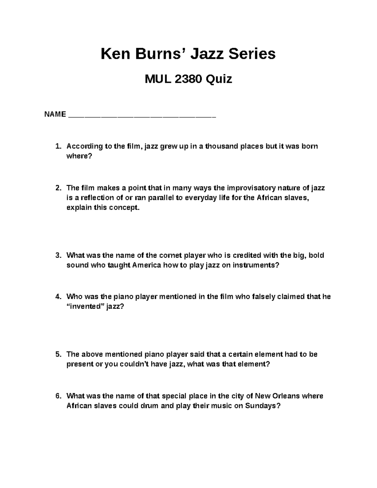 Pop Music Ken Burns - none - Ken Jazz Series MUL 2380 Quiz NAME 1 ...