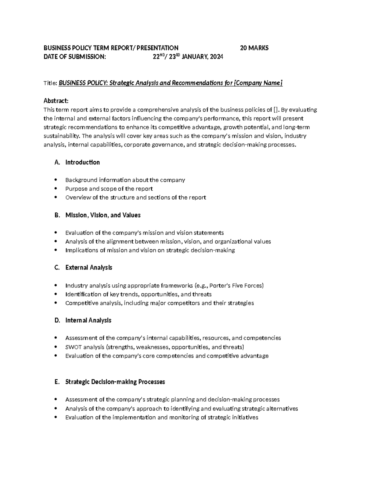 TERM Report BP FALL 2023 - BUSINESS POLICY TERM REPORT/ PRESENTATION 20 ...