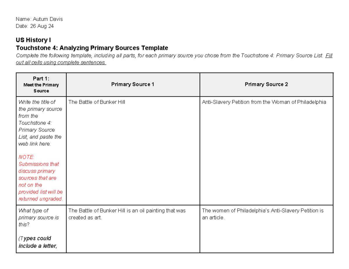 US History I Touchstone 4 Template (Repaired) - Name: Autum Davis Date ...