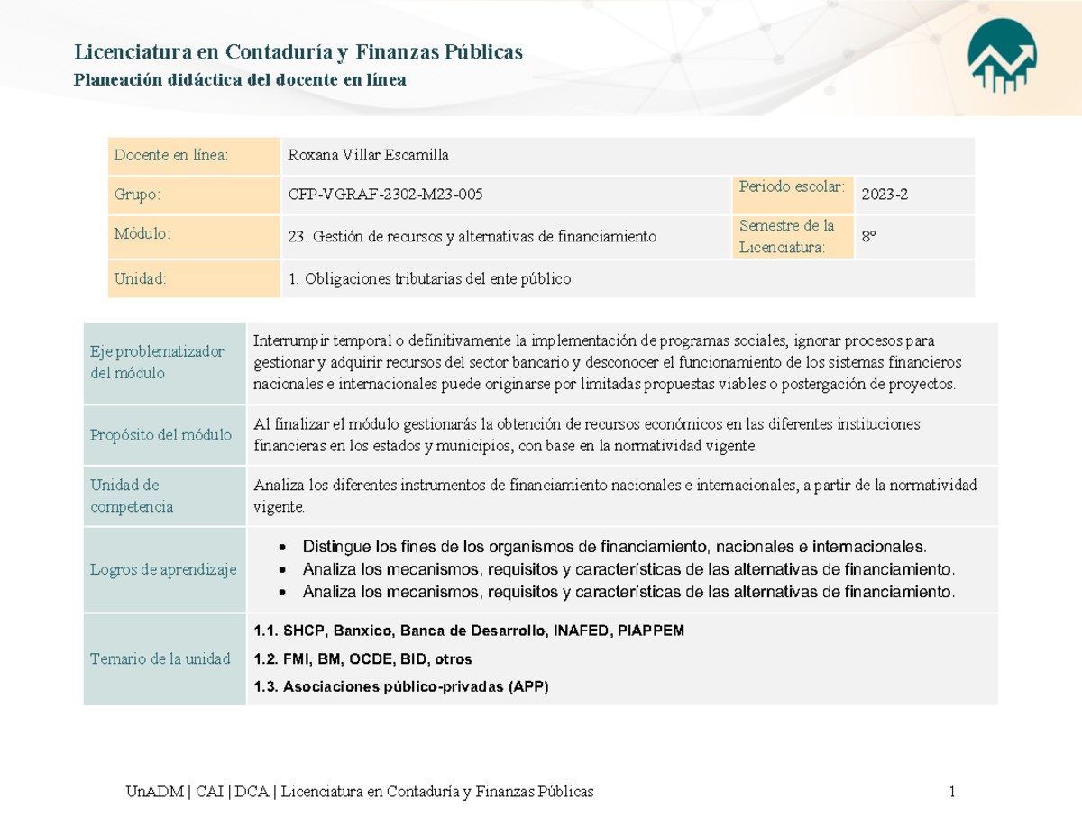 LCFP M23 U1 planeacion didactica - Planeación didáctica del docente en ...