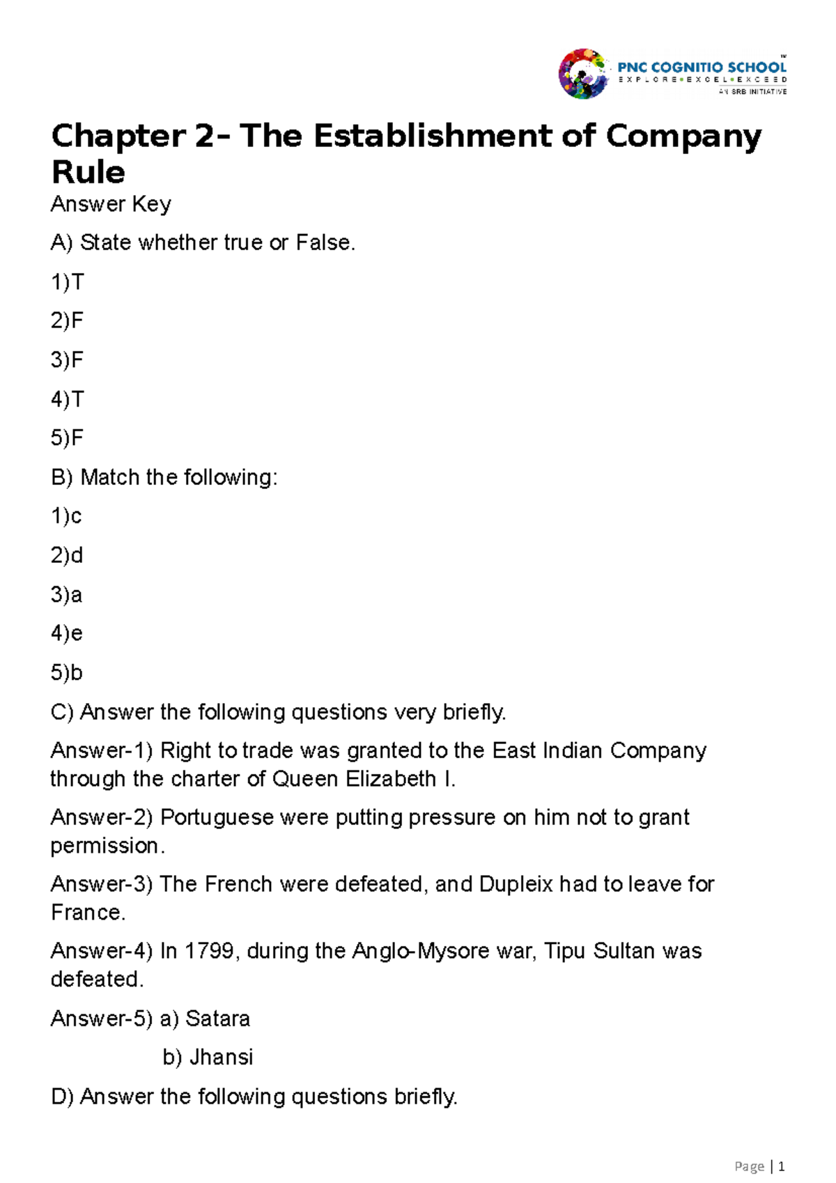 Chapter-2 The establishment of east india company( Answer key ...