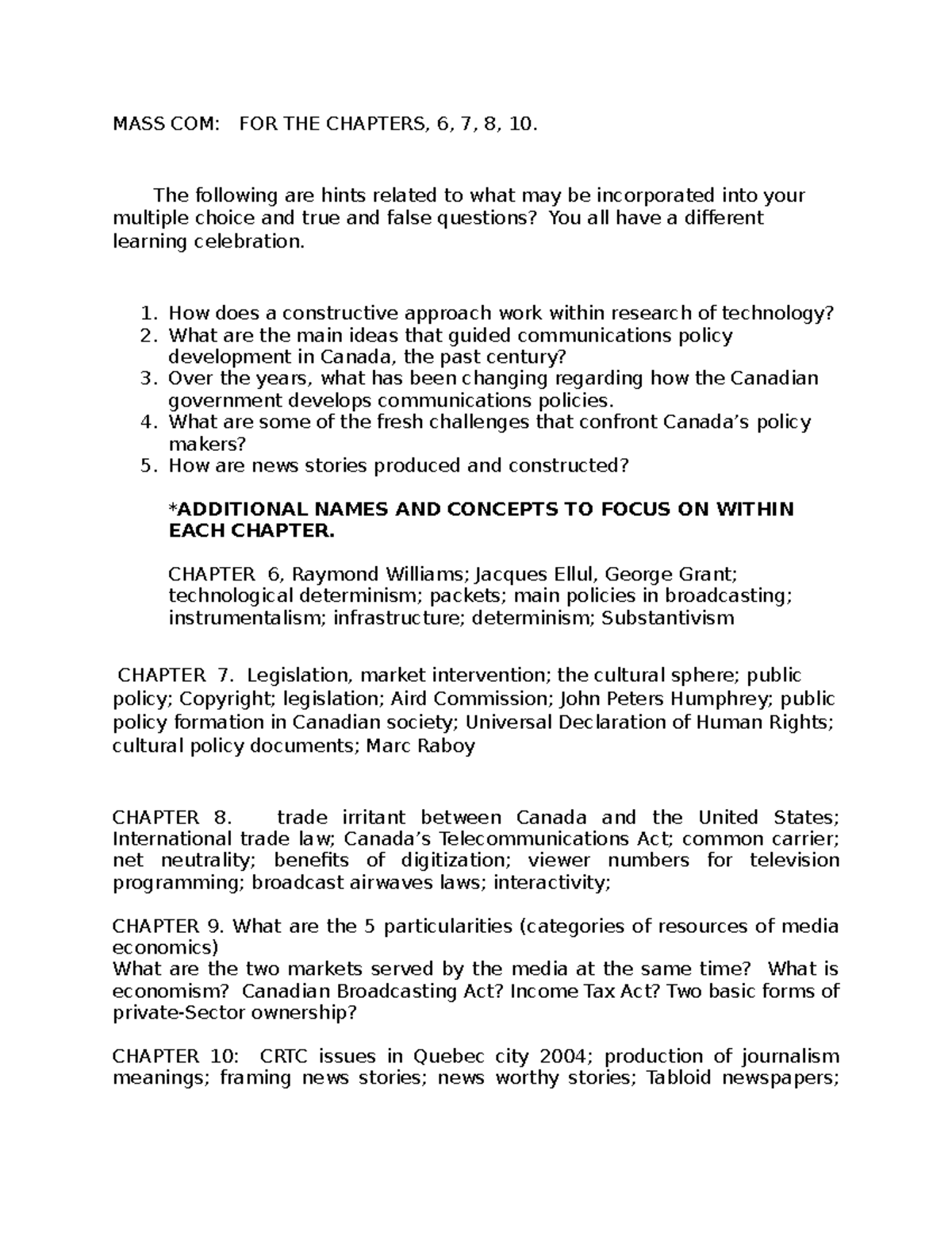 Study hints 2020 Mass Com - MASS COM: FOR THE CHAPTERS, 6, 7, 8, 10 ...