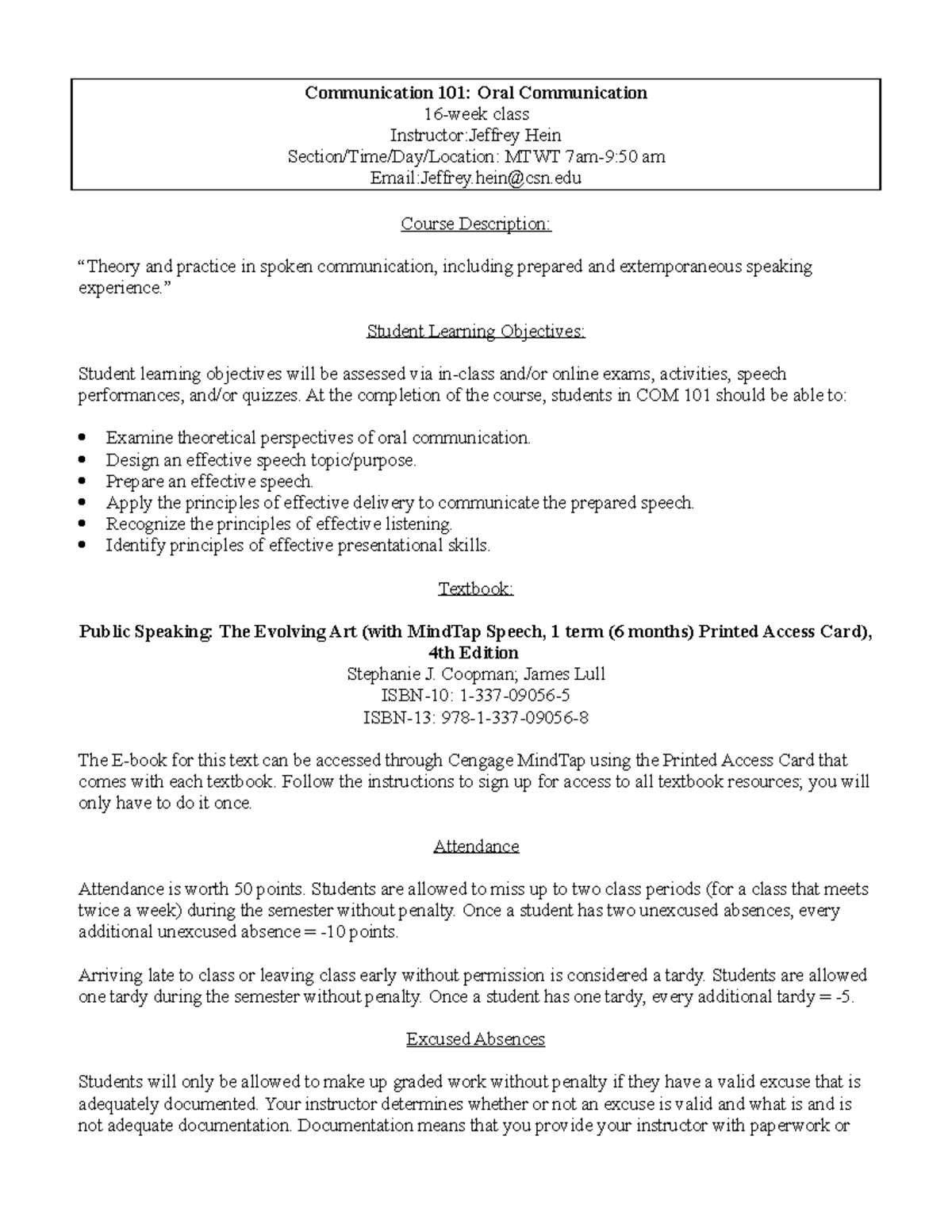 COMM101SUMMERSYLLABUS - Communication 101: Oral Communication 16-week ...