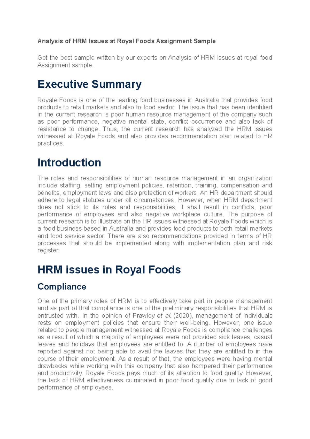 Analysis of HRM Issues at Royal Foods Assignment Sample - Executive ...