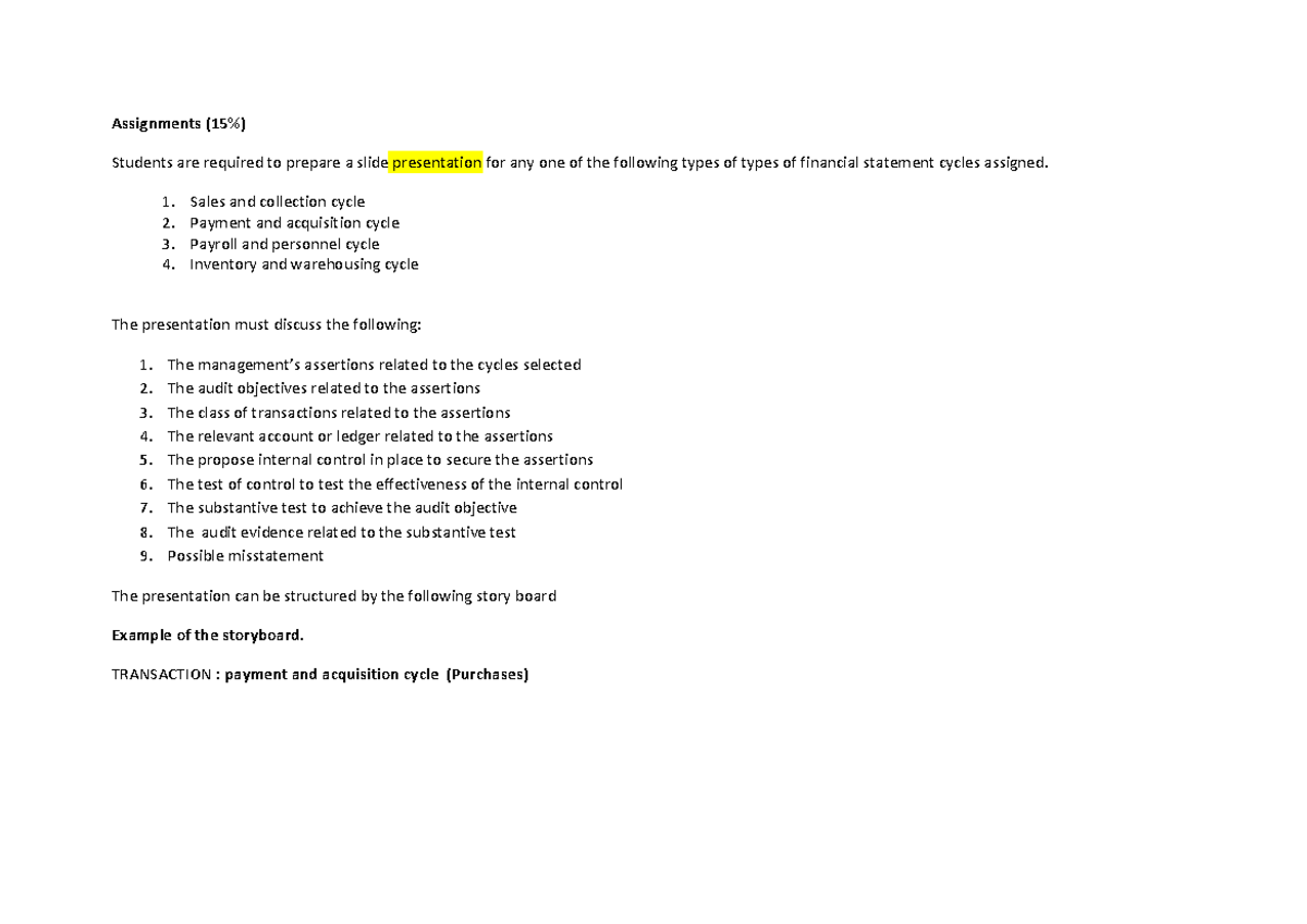 Aud sb - audit storyboard - Assignments (15%) Students are required to ...