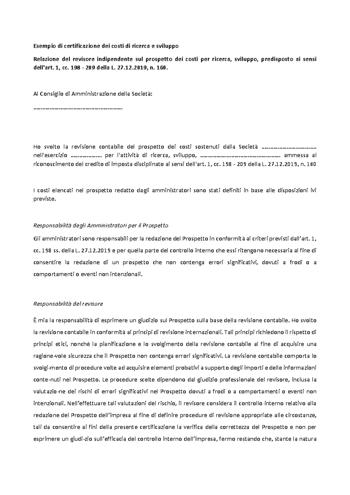 Esempio di certificazione dei costi di ricerca e sviluppo - 1, cc. 198 - 209 della L. 27.12, n ...