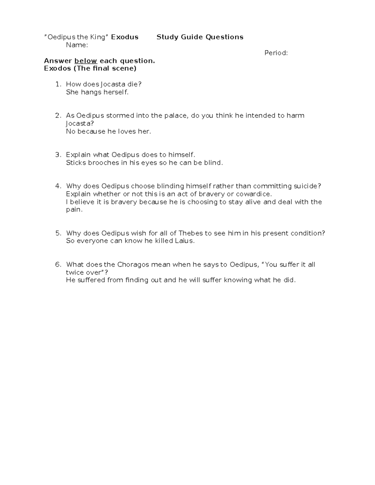 Oedipus the King Exodus SG Questions - ”Oedipus the King” Exodus Study ...