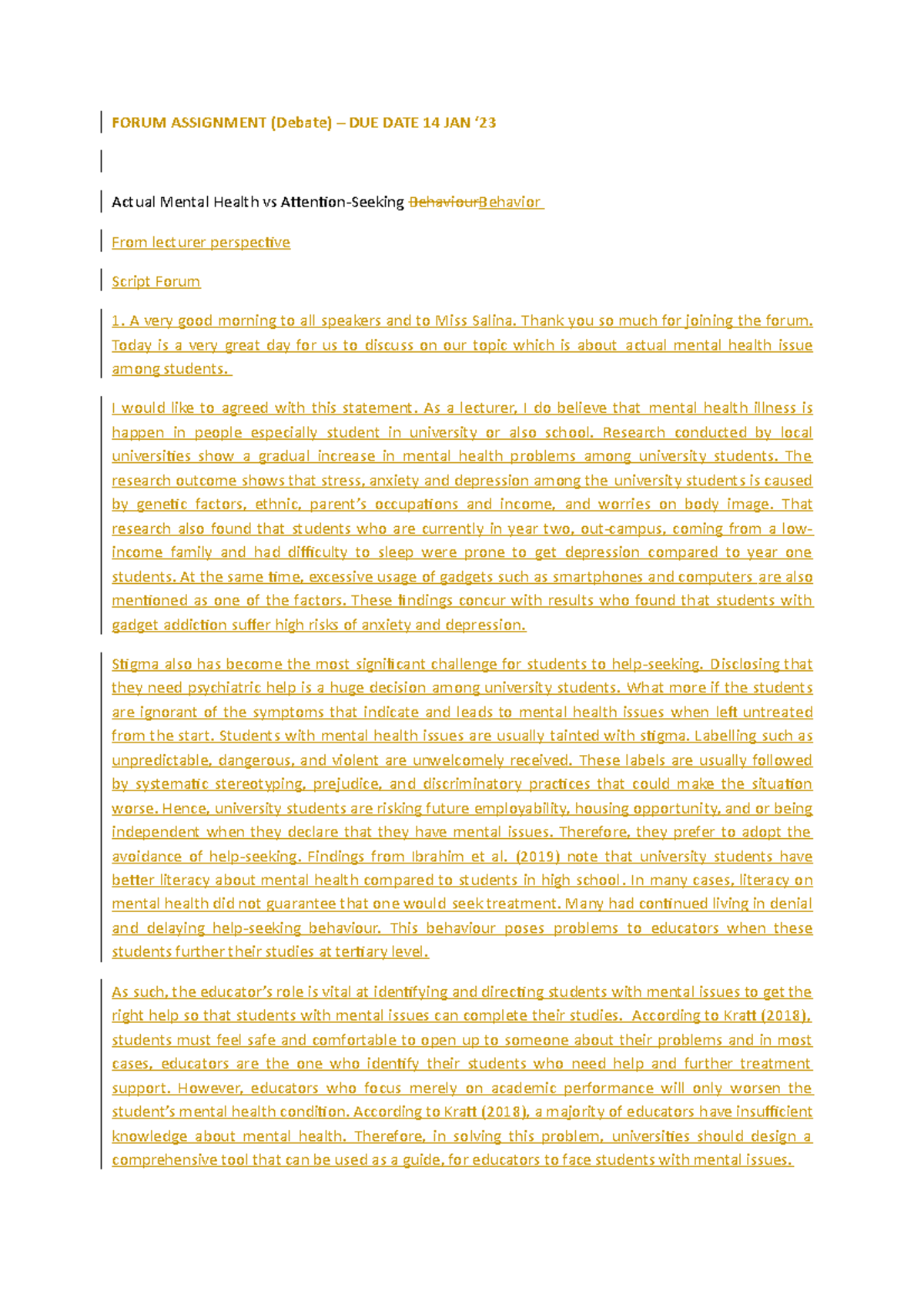 Forum Assignment - FORUM ASSIGNMENT (Debate) – DUE DATE 14 JAN ‘ Actual ...