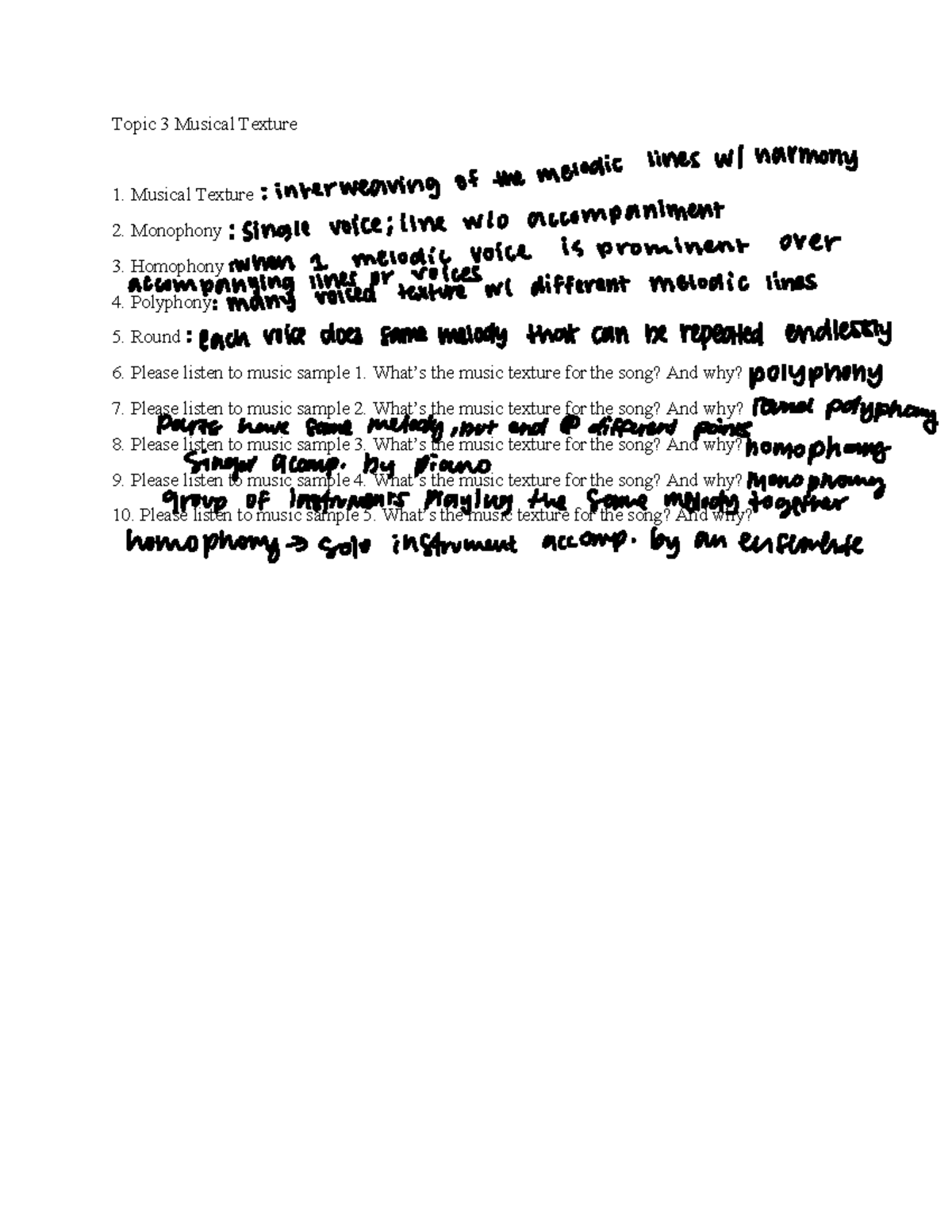 Music Appreciation Notes Topic 3 - Topic 3 Musical Texture Musical ...