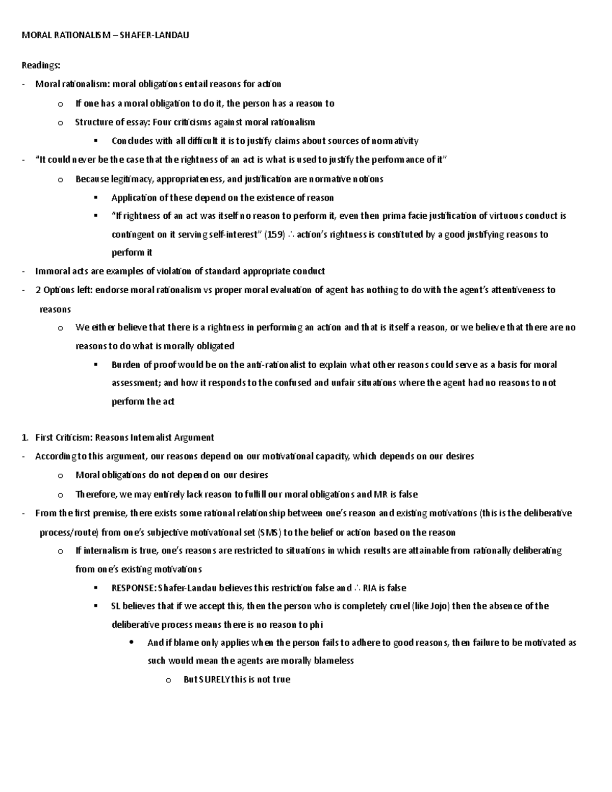 L3 - Shafer-Landau - Notes taken during lecture - MORAL RATIONALISM ...