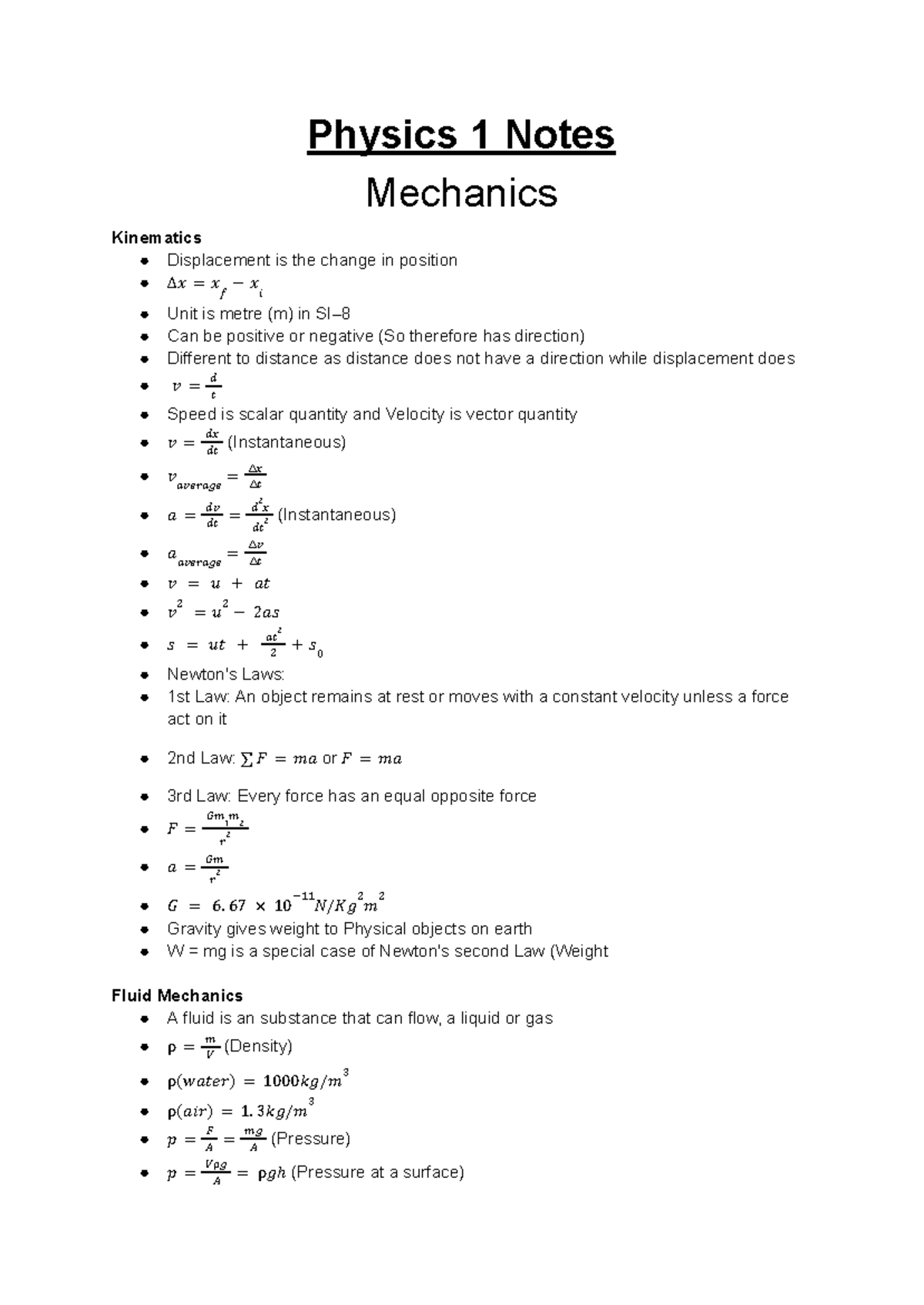 Mechanics Notes - Physics 1 Notes Mechanics Kinematics Displacement is ...