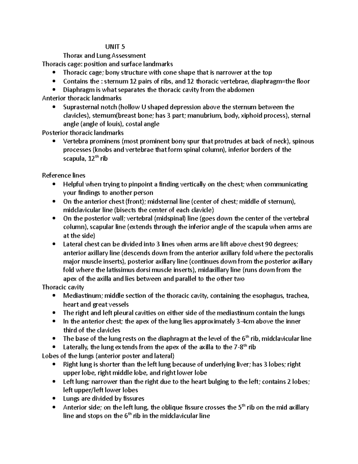 UNIT 5 - NOTES - UNIT 5 Thorax and Lung Assessment Thoracis cage ...