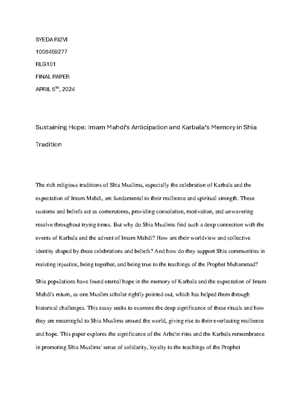 Rlg final paper - SYEDA RIZVI 1008459277 RLG FINAL PAPER APRIL 5TH ...