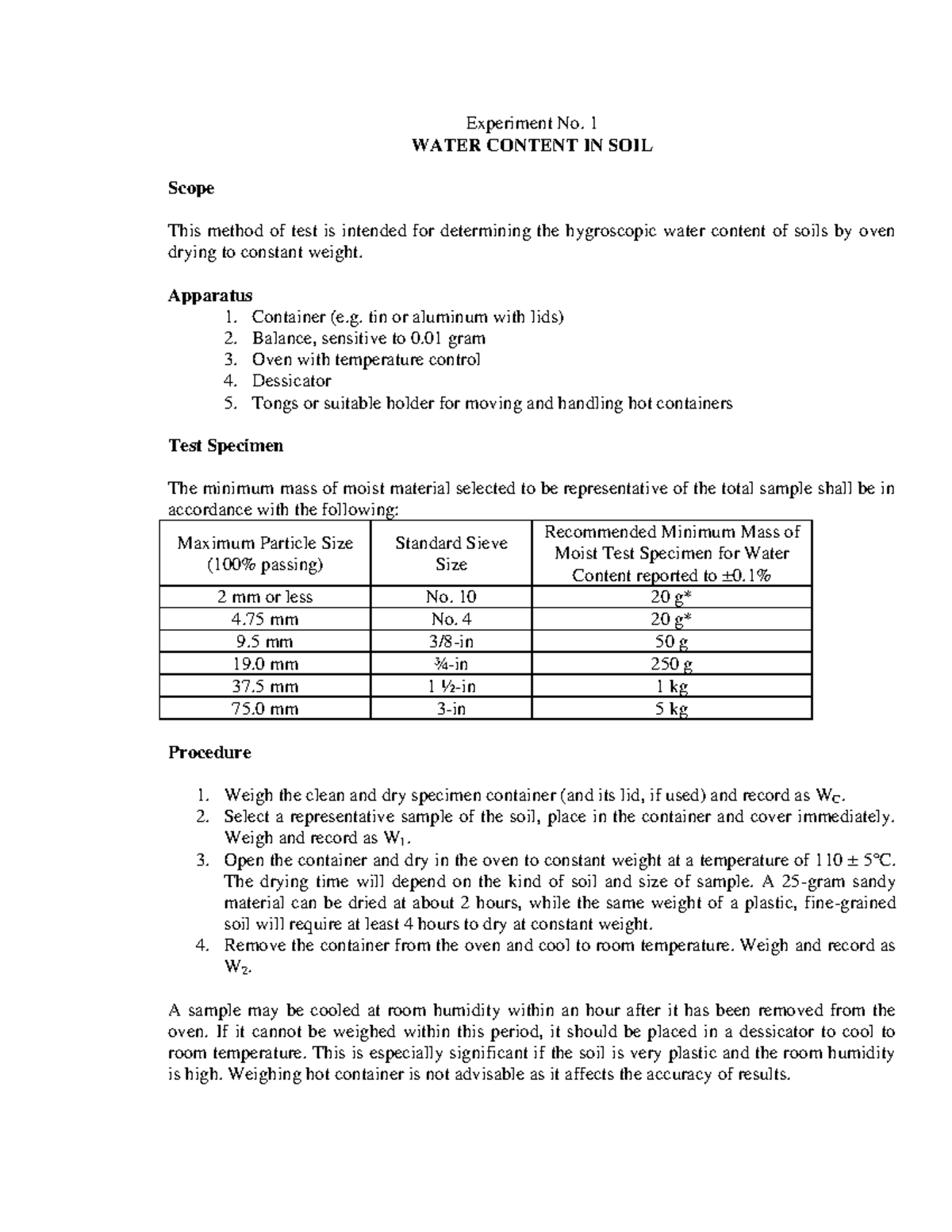 Experiment 1 - Lab Activity - Experiment No. 1 WATER CONTENT IN SOIL ...