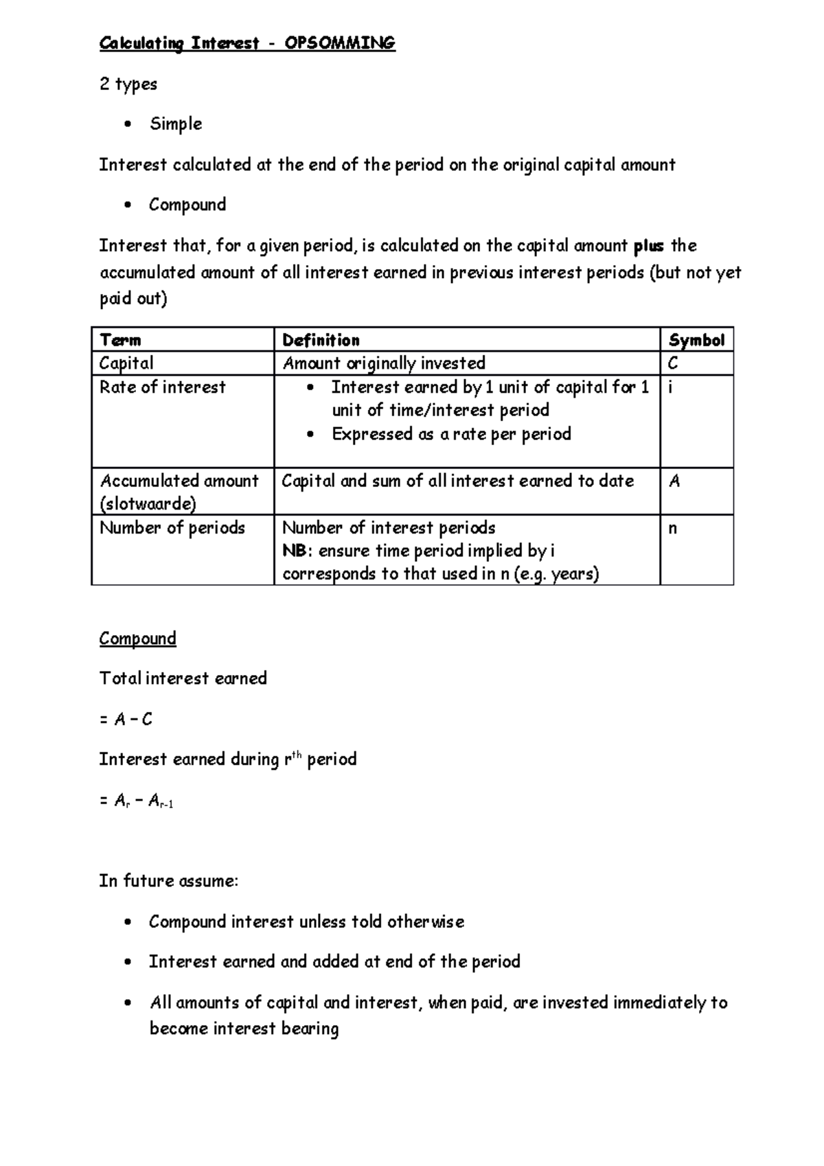 Opsommings - Summary Theory of Interest - Calculating Interest ...