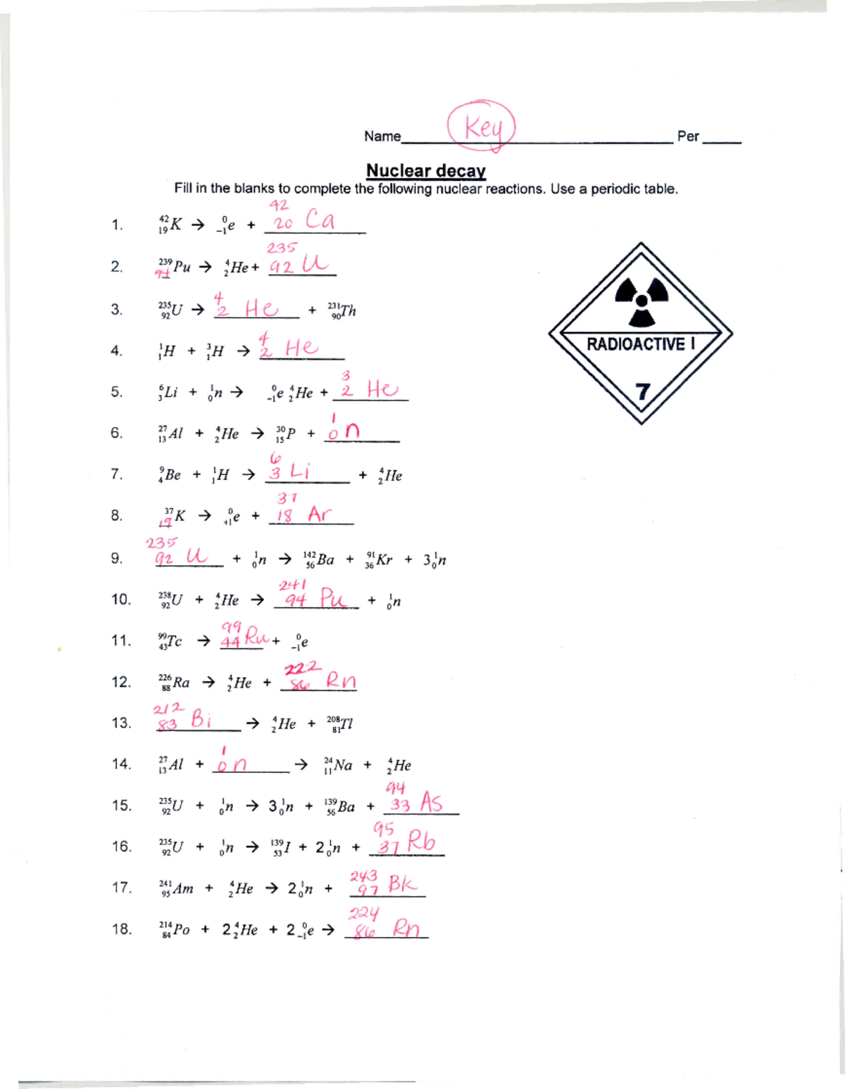 Nuclear Equation and Half-Life Practice Solutions - CHEM 1210 - Studocu