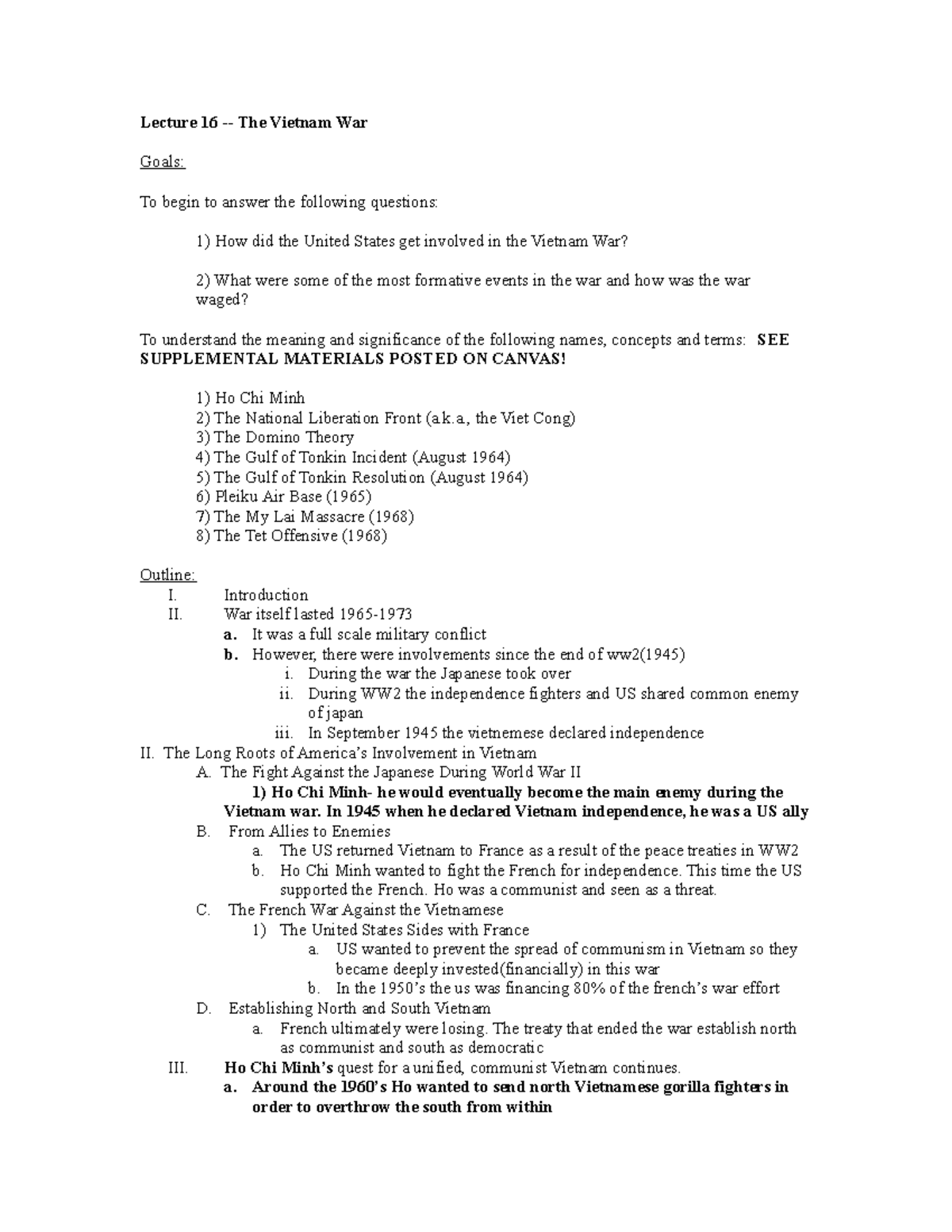 Lecture 16 Vietnam - Lecture 16 - The Vietnam War Goals: To begin to ...