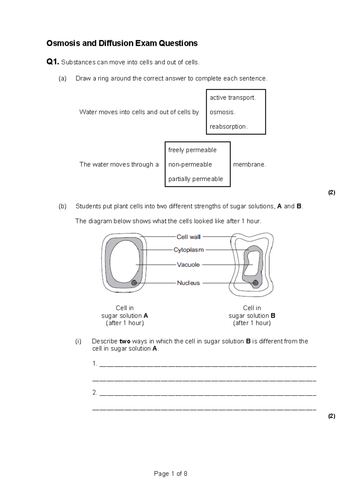 Osmosis and Diffusion Exam Qs - Osmosis and Diffusion Exam Questions Q1 ...