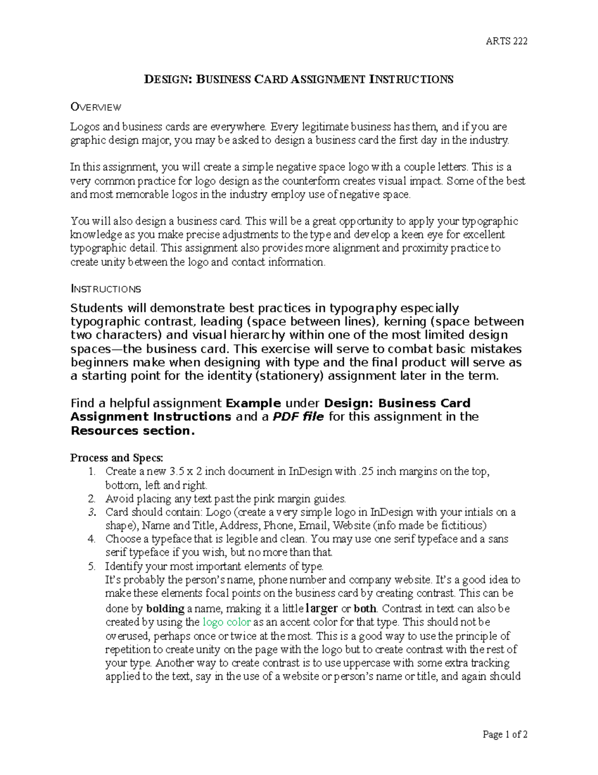 Design Business Card Assignment Instructions - ARTS 222 DESIGN: BUSINESS CARD ASSIGNMENT - Studocu