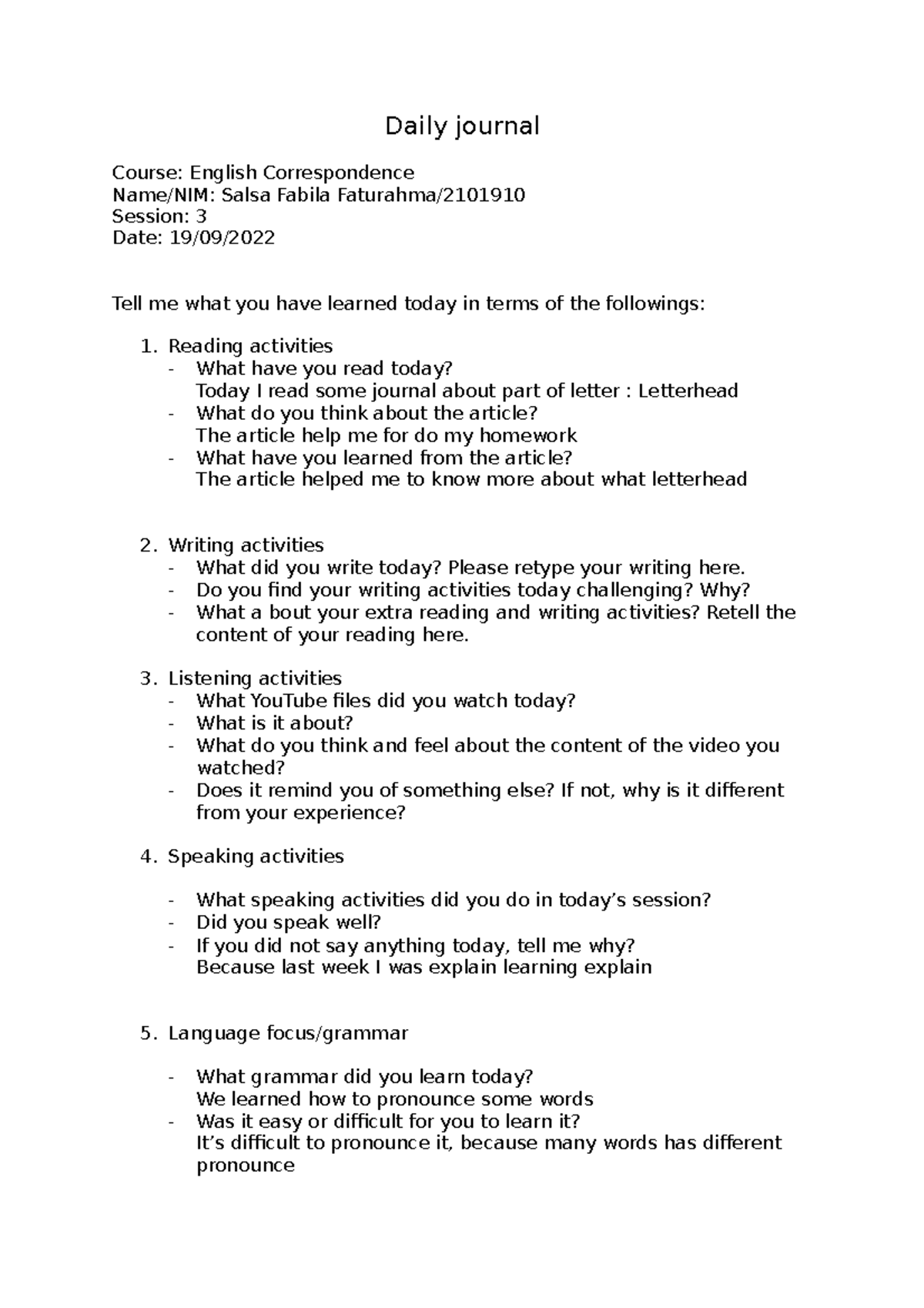 Daily journal at English Course to reflect student's understanding ...