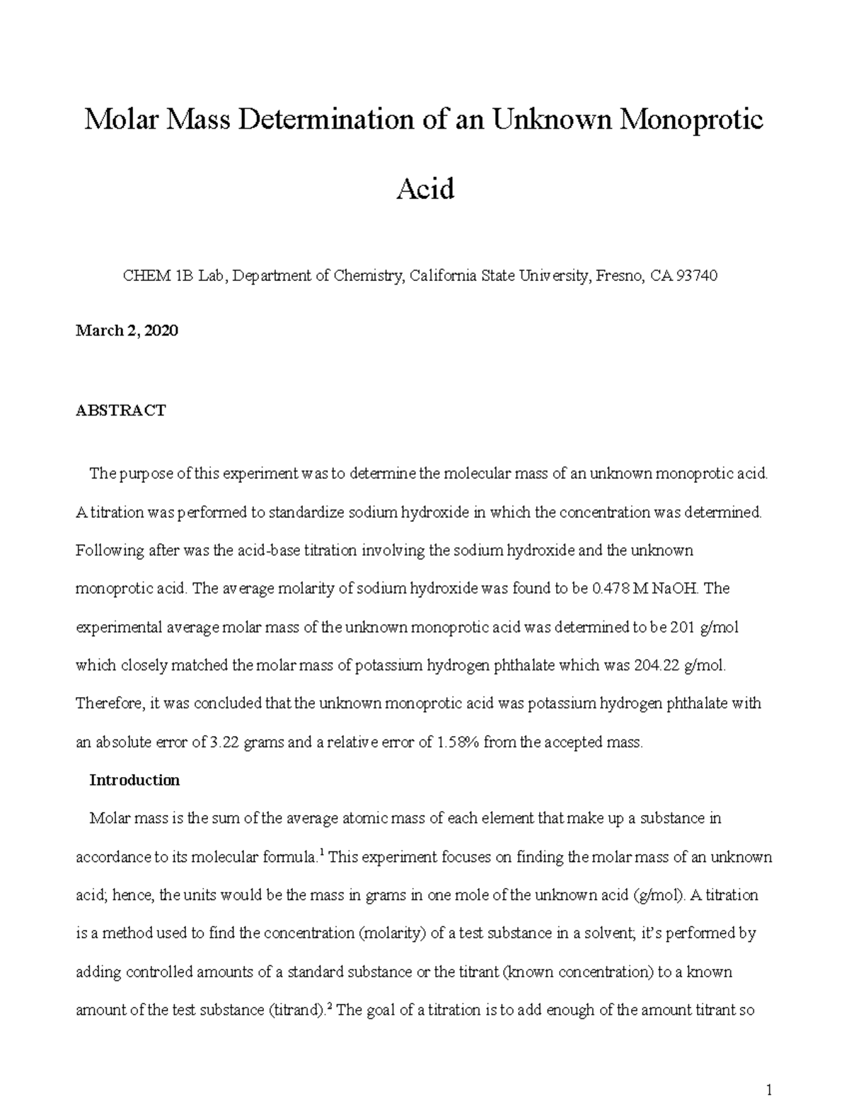 Expt 3B Formal Lab Report - Molar Mass Determination of an Unknown ...